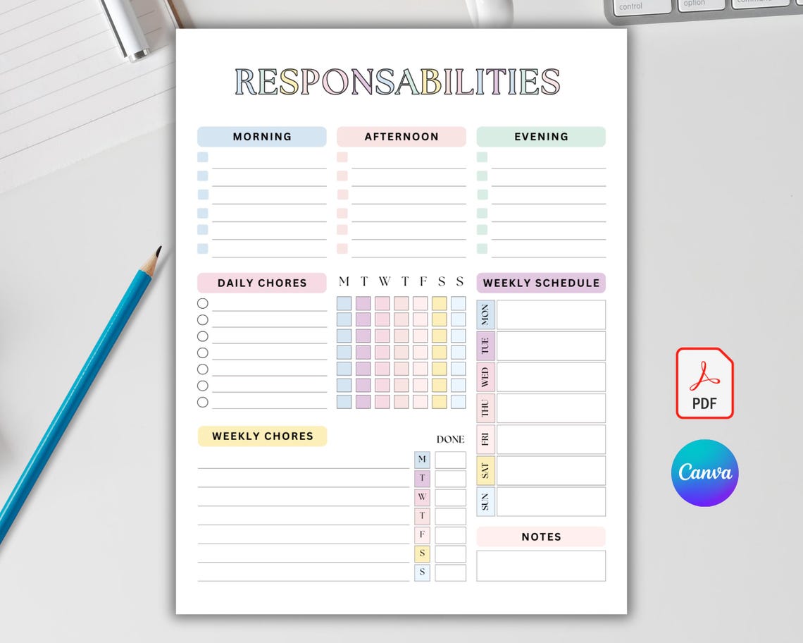 Tableau des responsabilités pour les enfants. Modèle de calendrier de ...