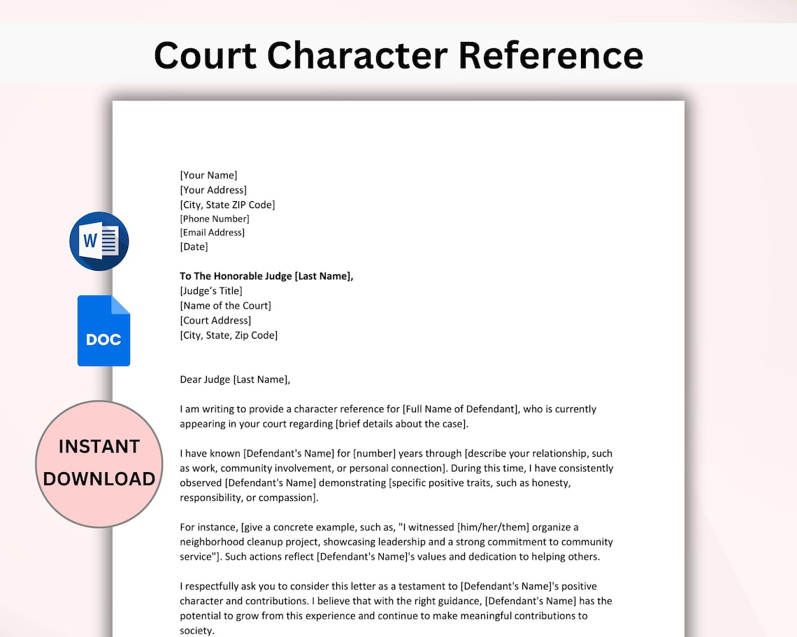 Editable Court Character Reference. Character Letter. Letter to Judge ...