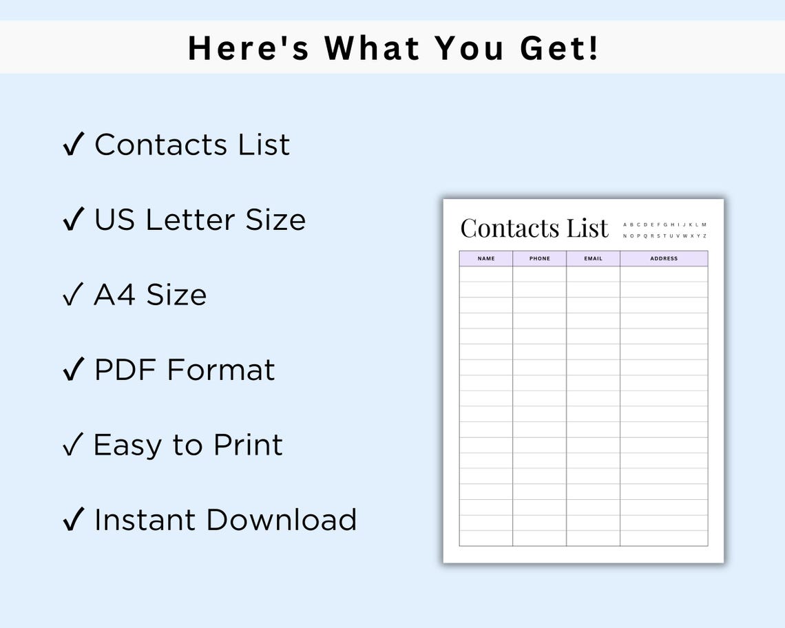 Contacts List Printable. PDF Contact Information. Contact List Template ...