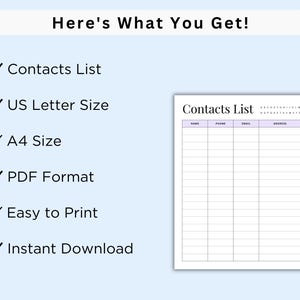 Contacts List Printable. PDF Contact Information. Contact List Template ...