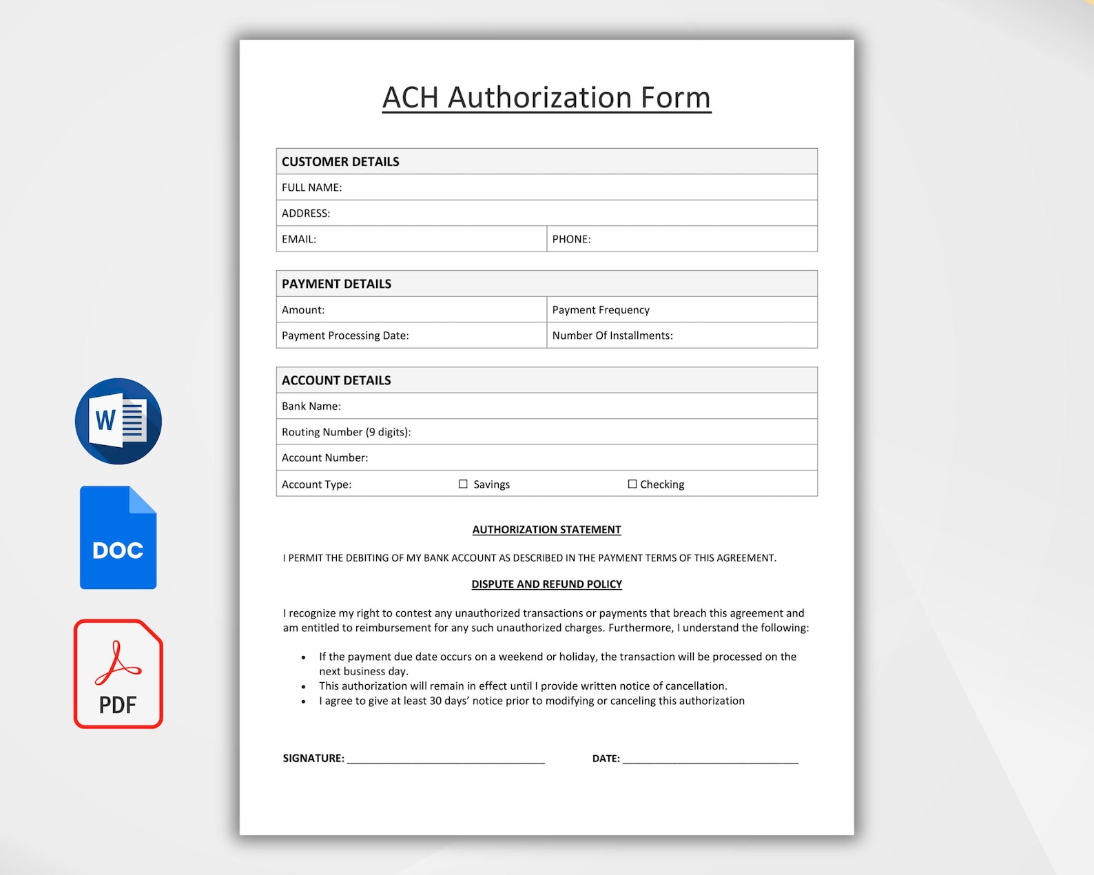 ACH Authorization Form Template. Editable Debit Authorization for ...