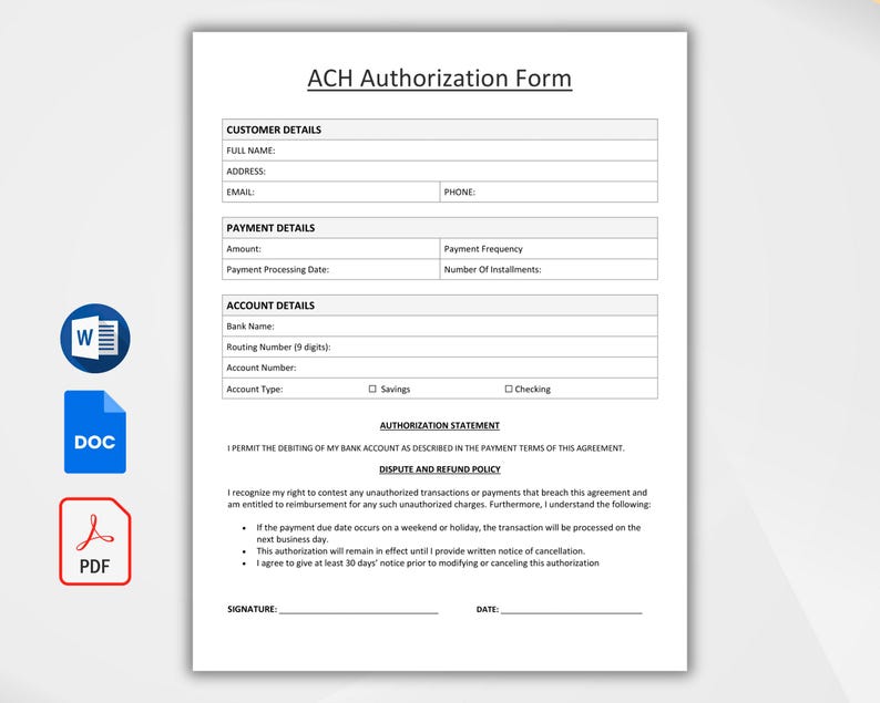 ACH Authorization Form Template. Editable Debit Authorization for ...