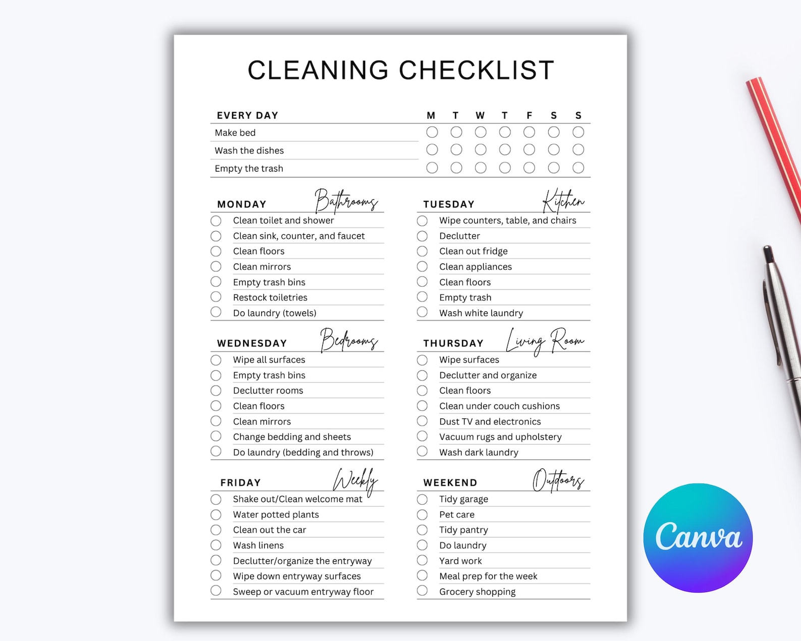 EDITABLE Weekly Cleaning Checklist Cleaning Schedule Printable Cleaning ...