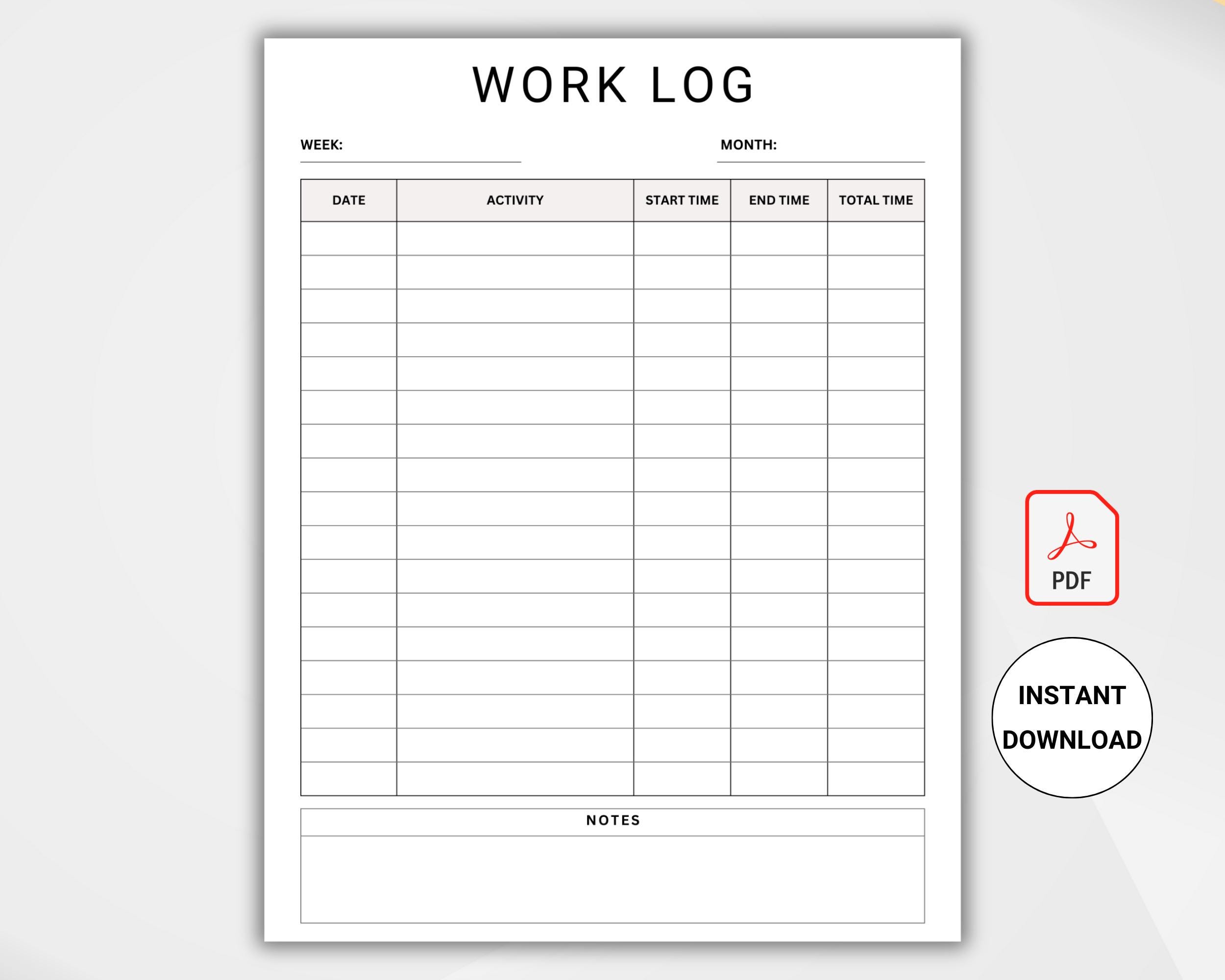 PRINTABLE Work Log. Time Log. Working Hours Log. Activity Tracker for ...