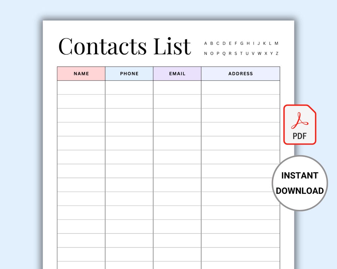 Contacts List Printable. PDF Contact Information. Contact List Template ...