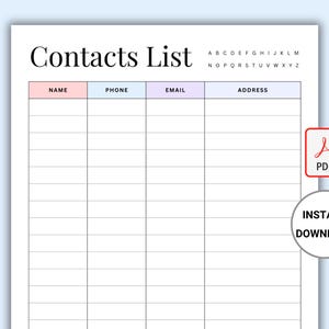 Contacts List Printable. PDF Contact Information. Contact List Template ...