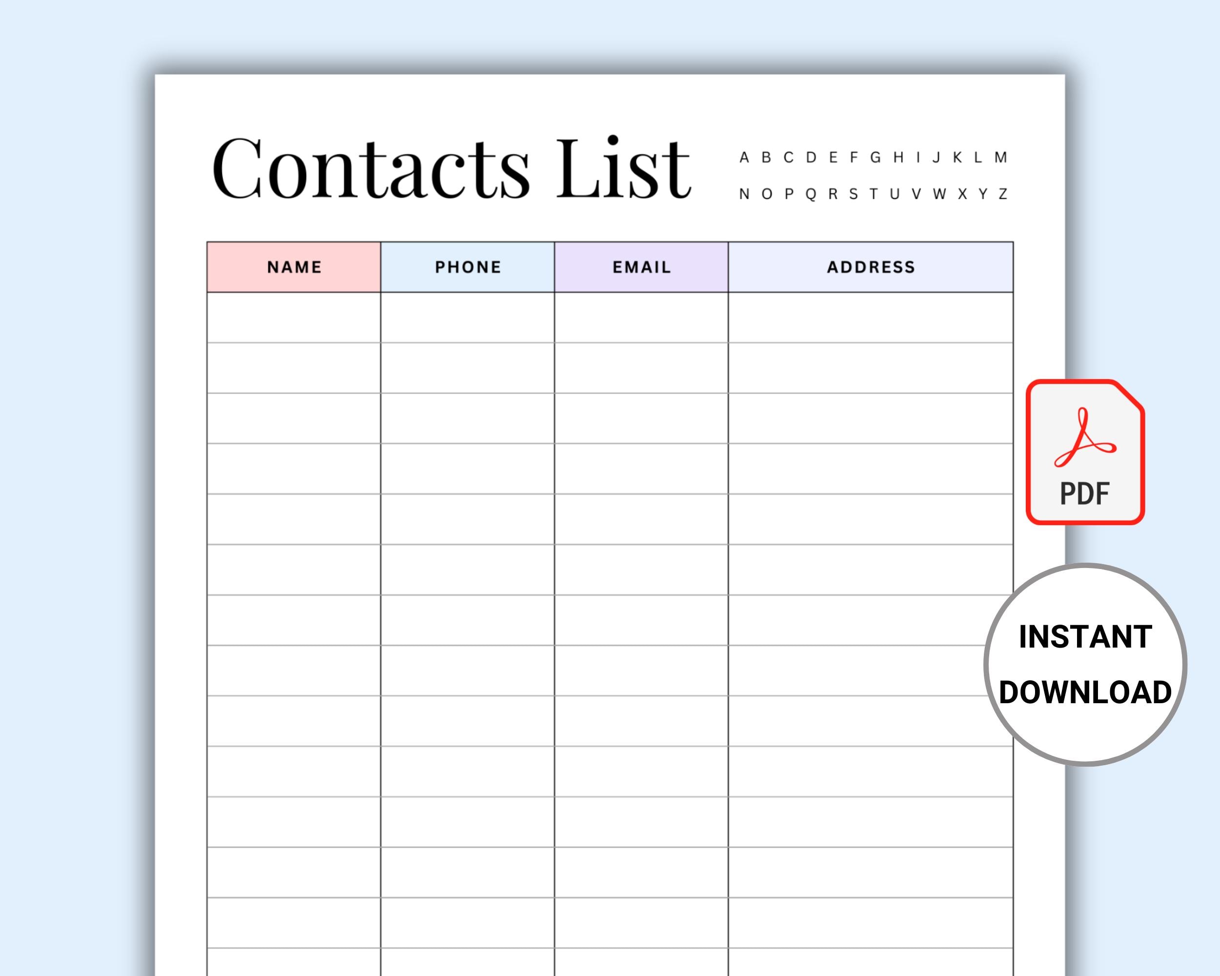 Contacts List Printable. PDF Contact Information. Contact List Template ...