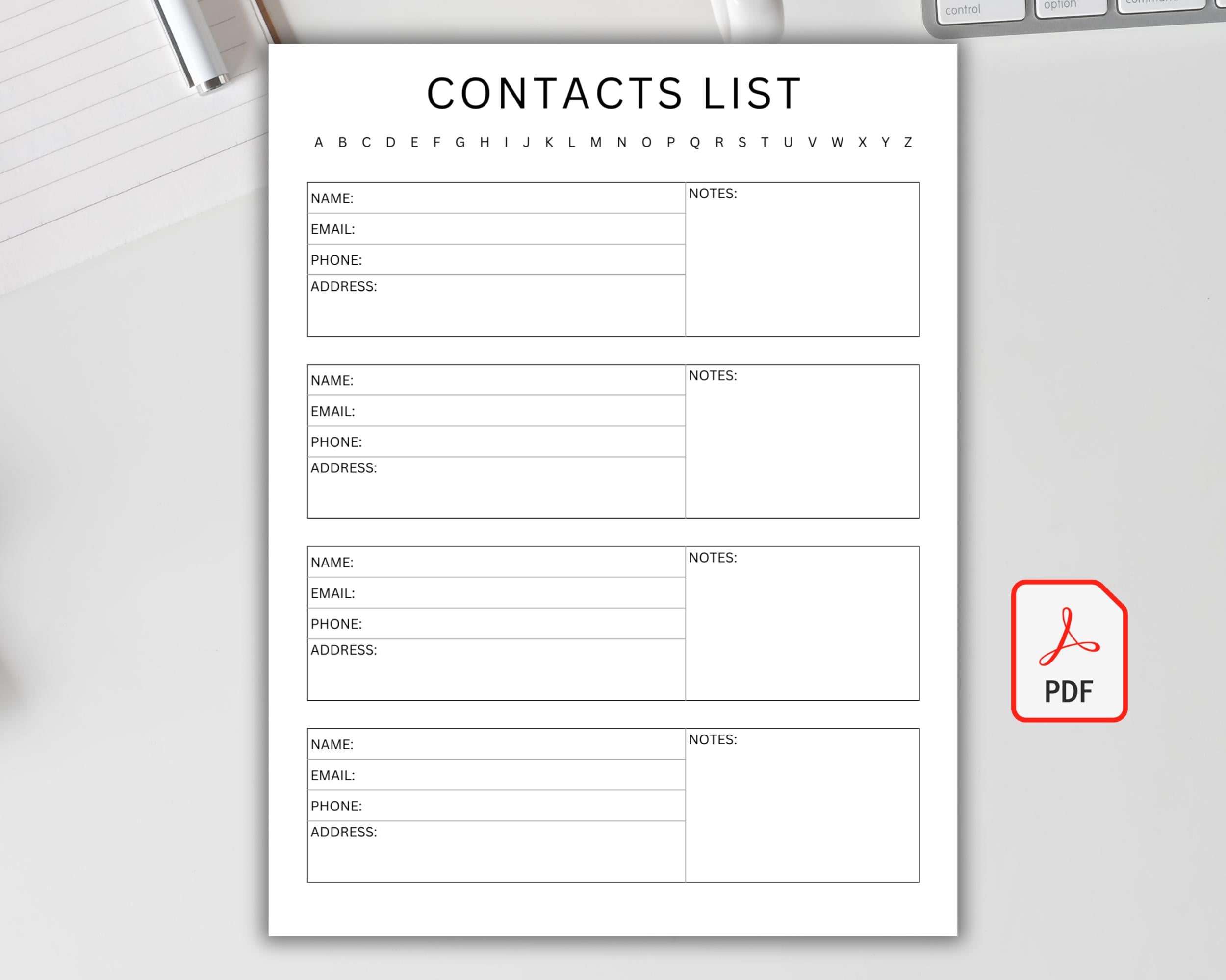 Contacts List Printable | Phone & Address Organizer | Personal Info ...