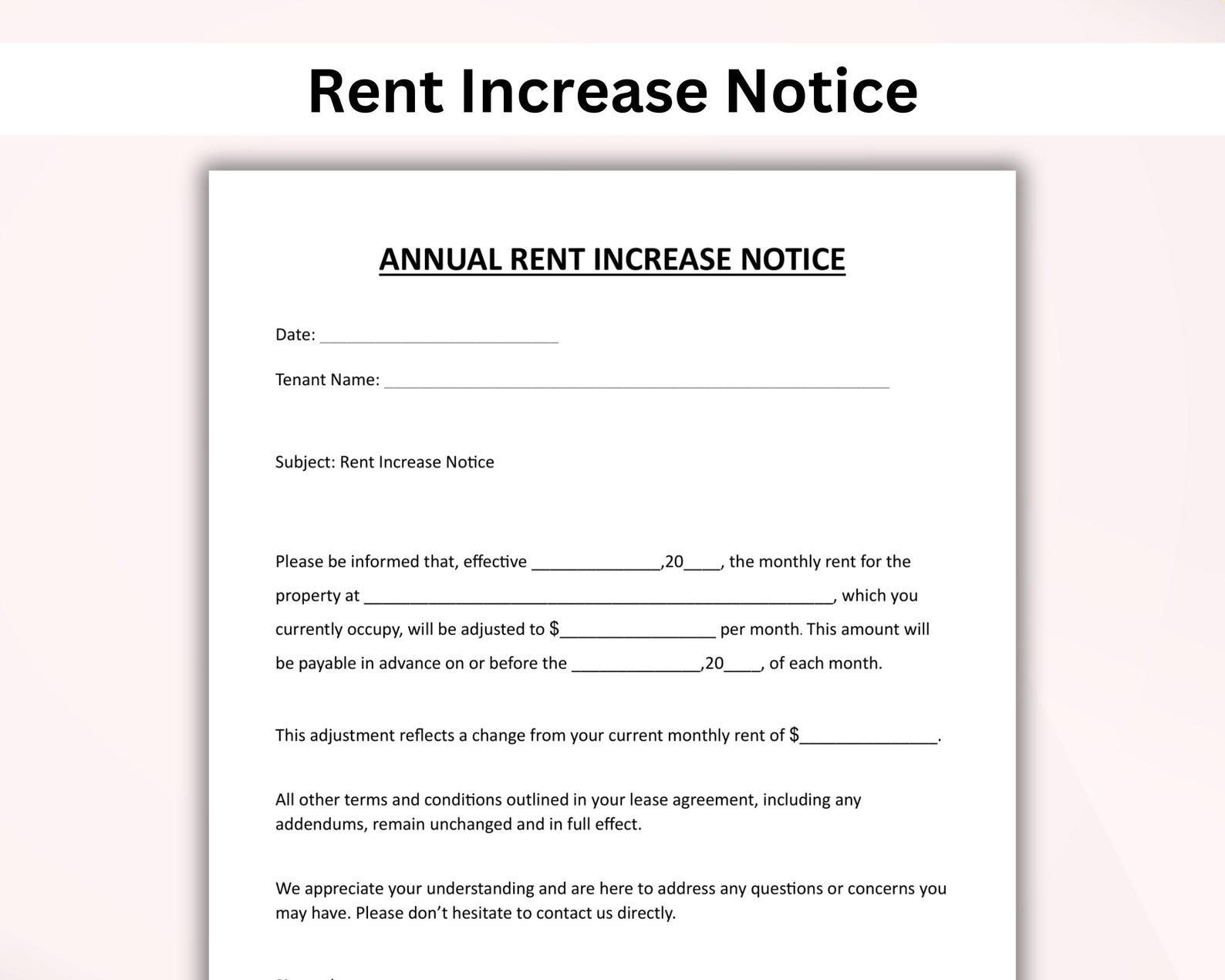 Printable Rental Increase Notice, Rent Increase Letter, Rental ...