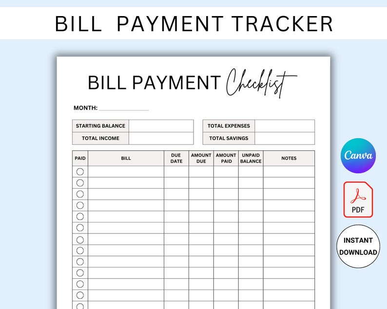 Bill Payment Checklist Tracker. Bill Pay Organizer. Bill Management ...