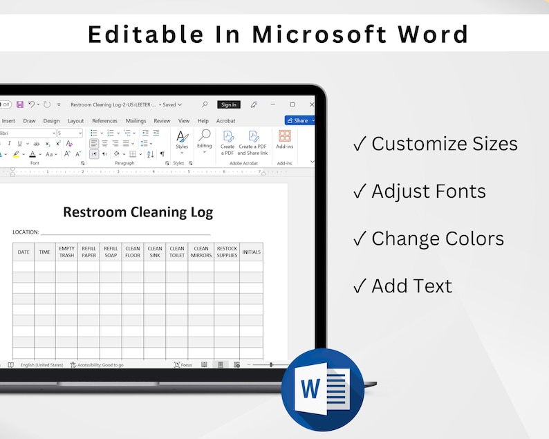 EDITABLE Restroom Cleaning Log for Business. Bathroom Cleaning Log ...