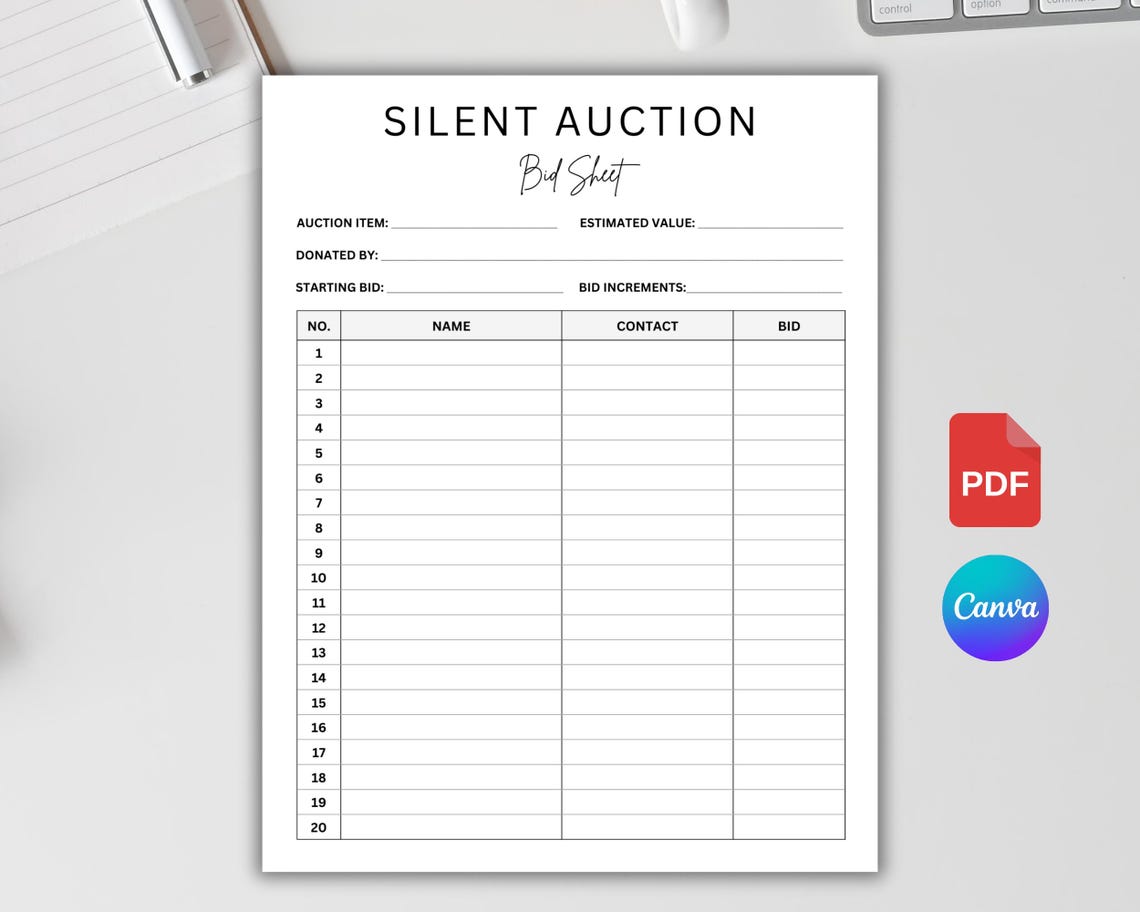 Editable Silent Auction Bid Sheet. Silent Auction Sign up Sheet. Silent ...