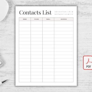 Contacts List Printable. PDF Contact Information. Contact List Template ...