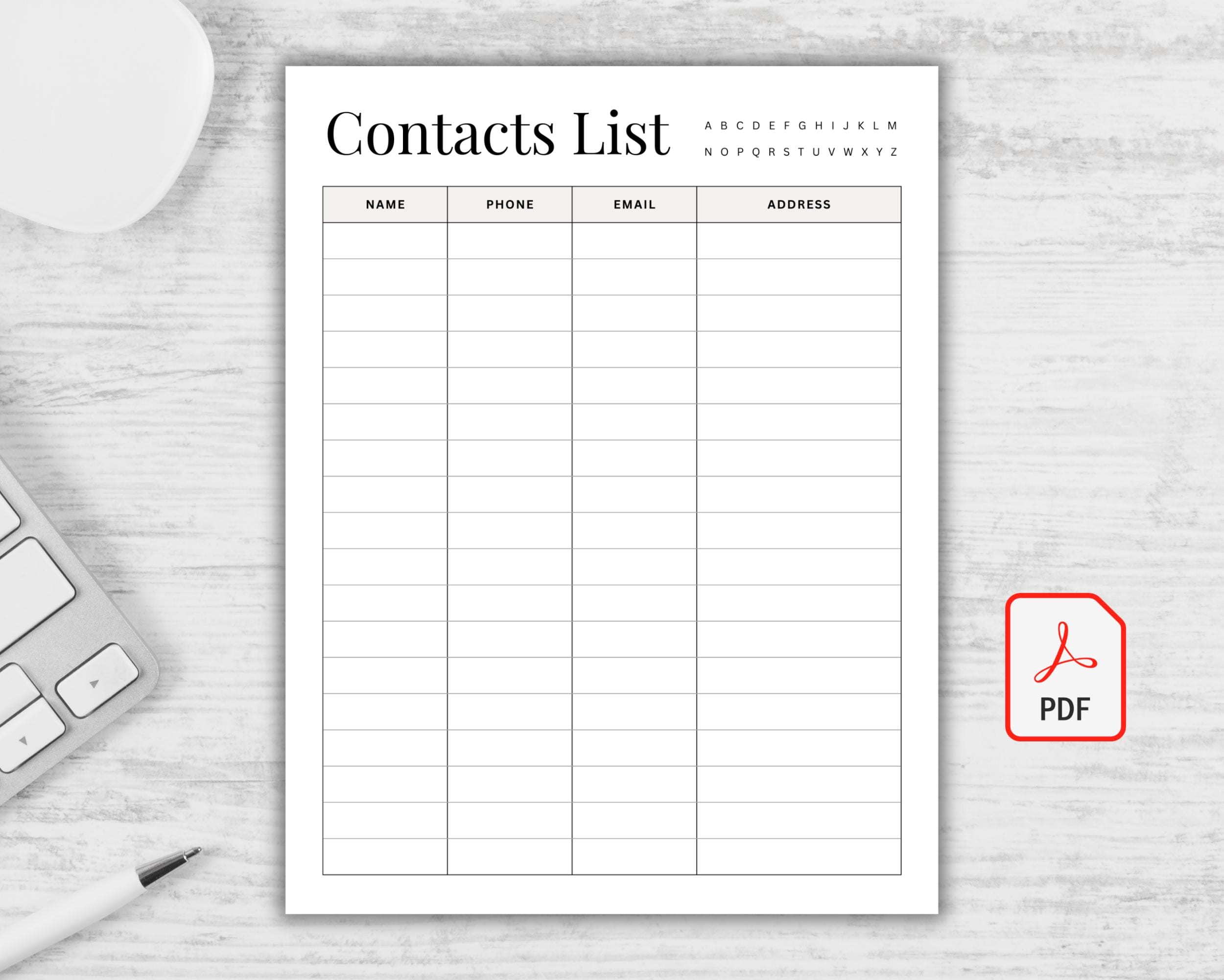 Contacts List Printable. PDF Contact Information. Contact List Template ...