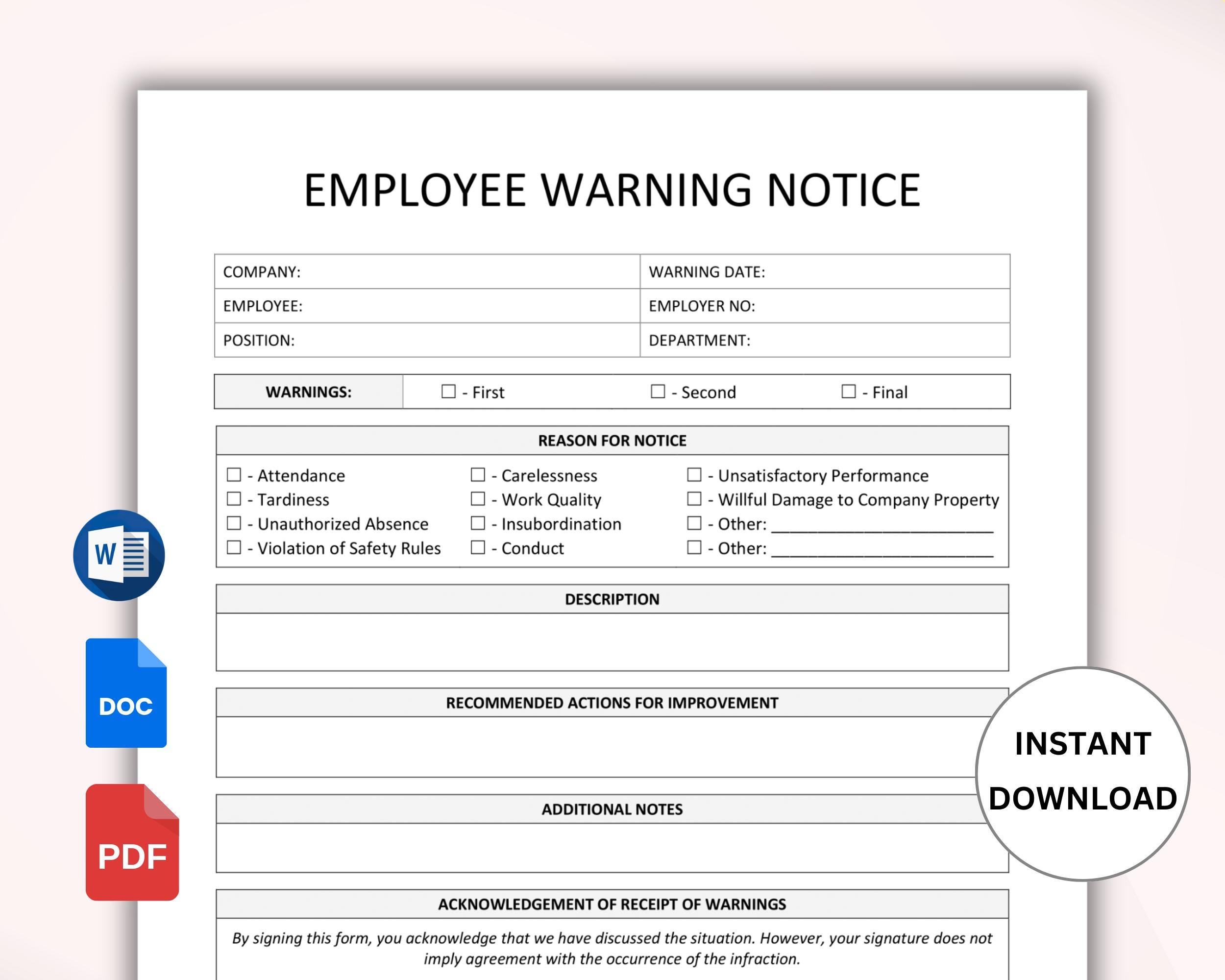 Employee Warning Notice. Printable Employee Write Up. Employee ...