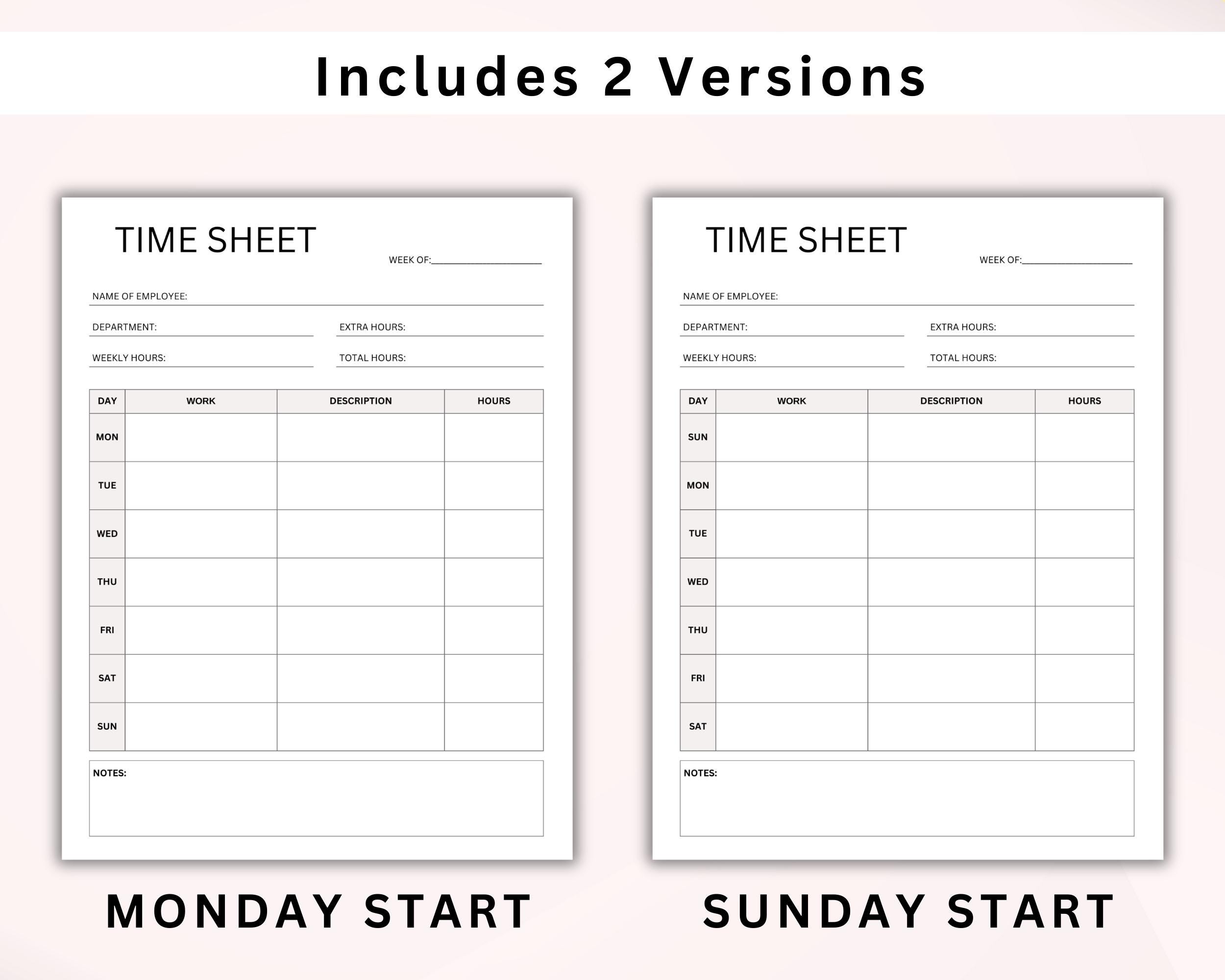 Weekly Employee Time Sheet Log Printable Word for Small Business ...