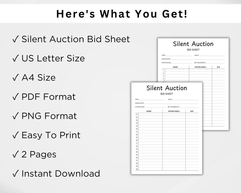 Printable Silent Auction Bid Sheet PDF | Silent Auction Sign up Sheet ...