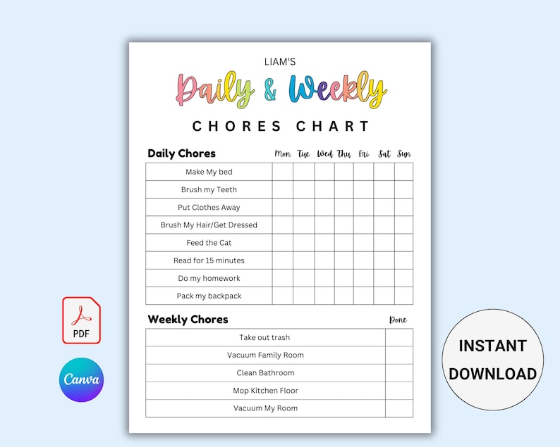 Editable Kids Weekly Chore Chart. Responsibility Checklist. Kids Chore ...