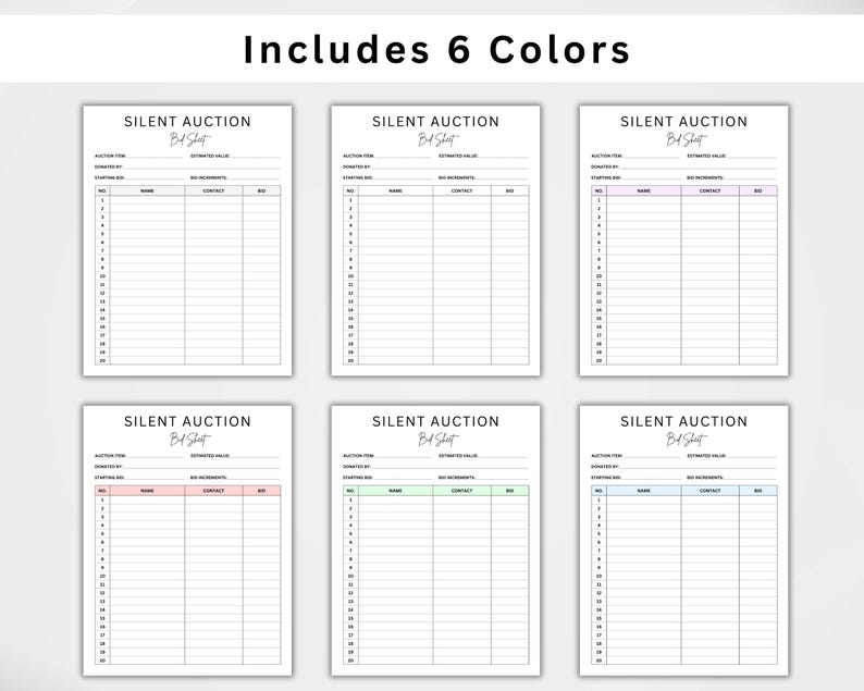 Editable Silent Auction Bid Sheet. Silent Auction Sign up Sheet. Silent ...