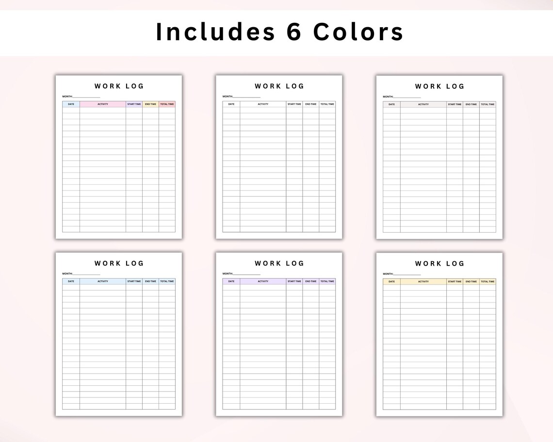 Printable Work Log for Work. Time Log. Time Tracker. Working Hours Log ...