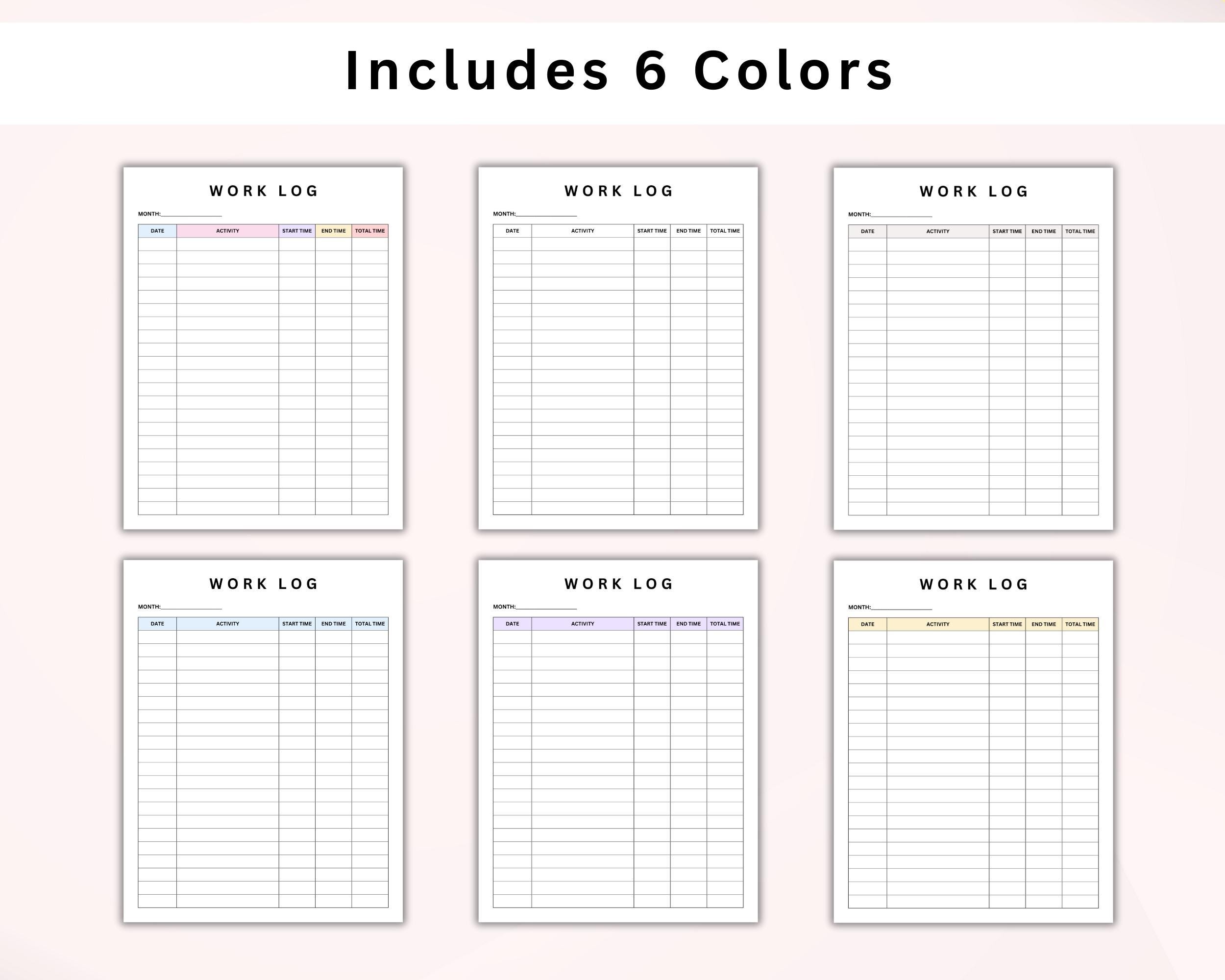 Work Time Log Printable, Time Sheet & Time Tracker Template, Daily Time ...
