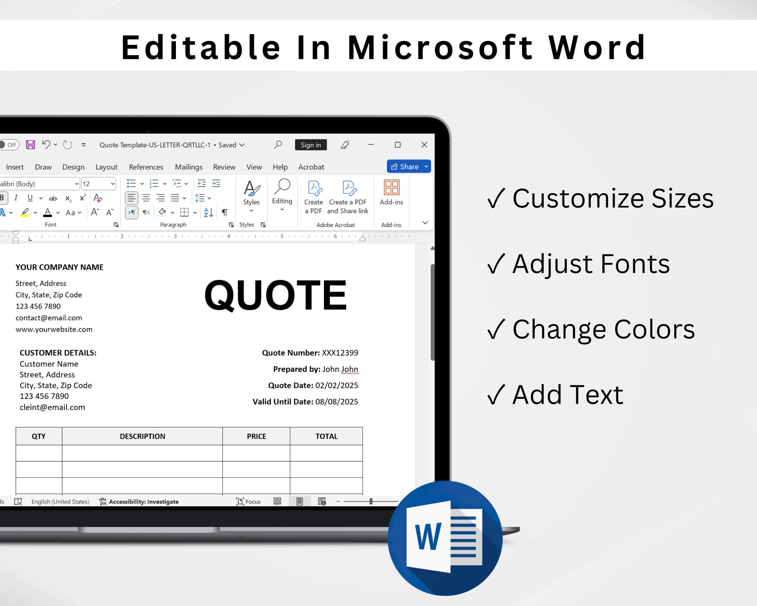 Quote Template. Quote Form. Job Quote. Job Proposal. Editable Quotation ...