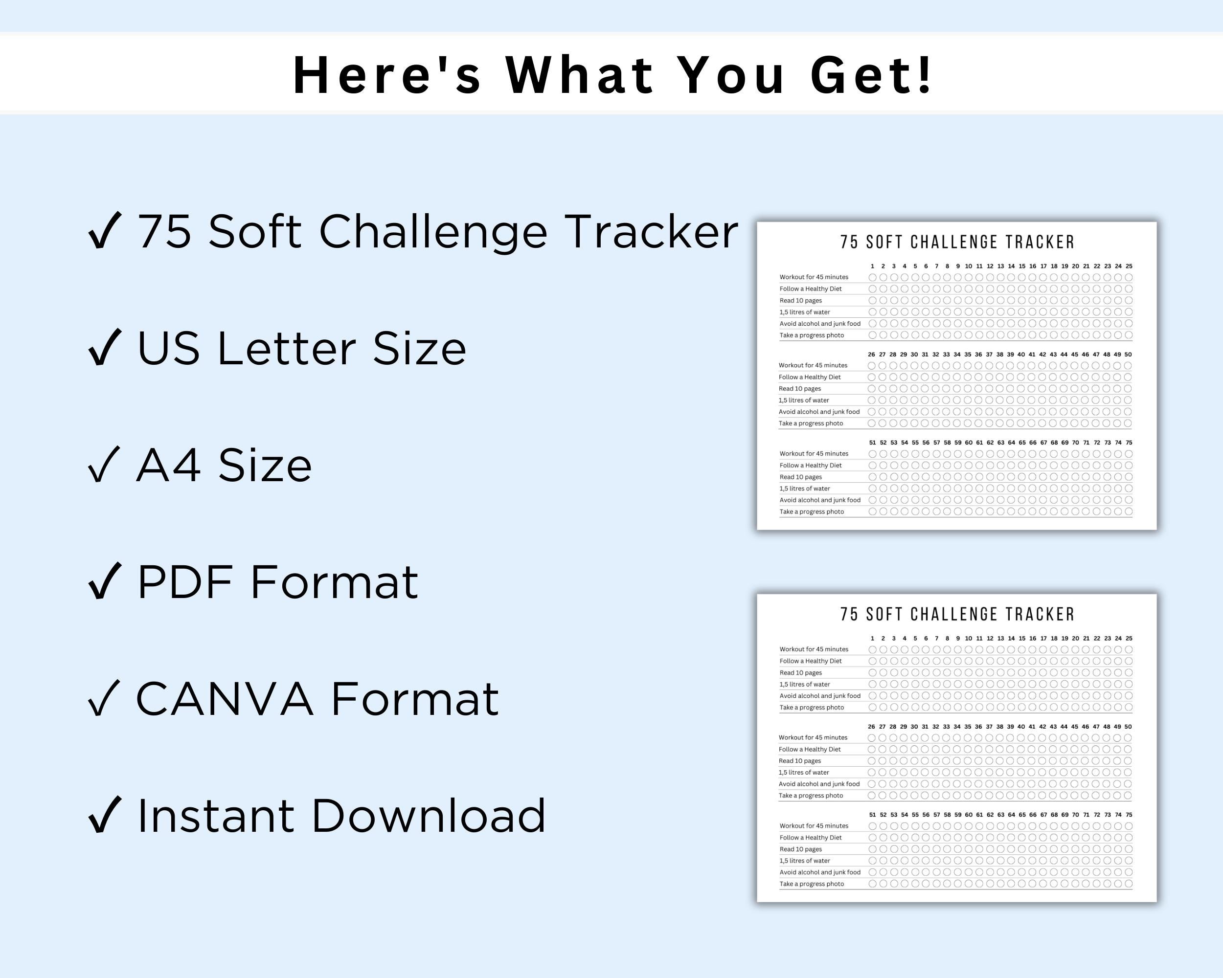 Editable 75 Soft Challenge Tracker Landscape | Daily 75 Soft Journal ...