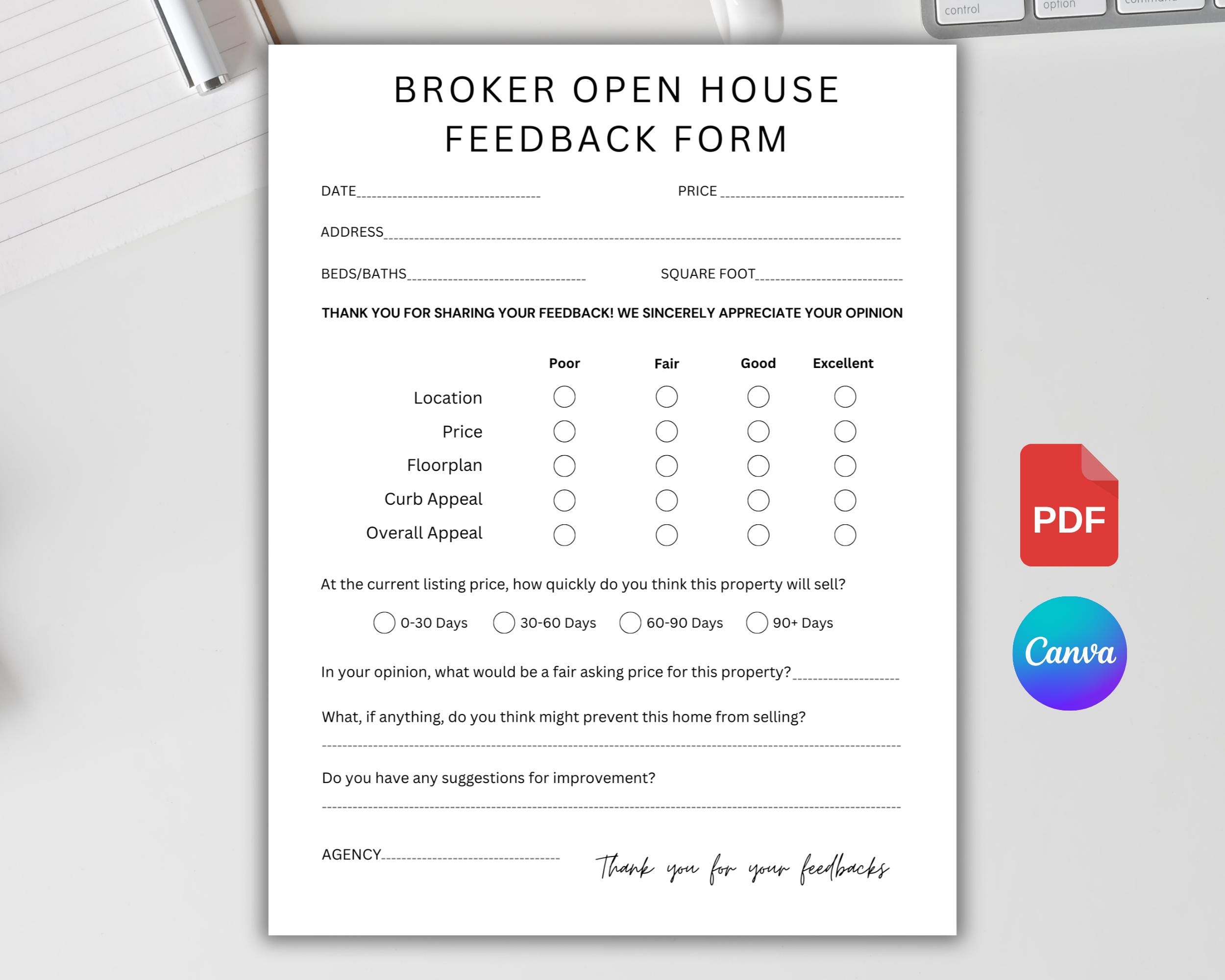 Editable Open House Feedback Form, Realtor Client & Agent Feedback ...