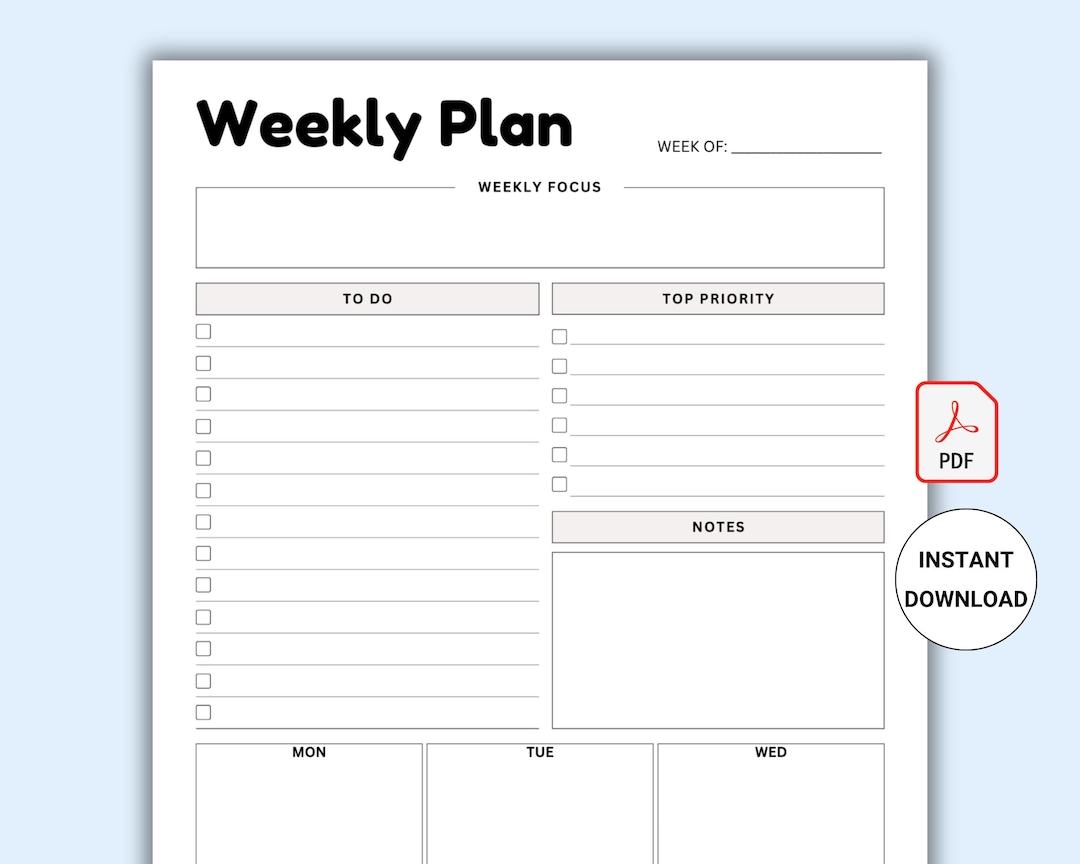 PRINTABLE Weekly Plan. Undated Planner. Weekly to Do List Planner ...