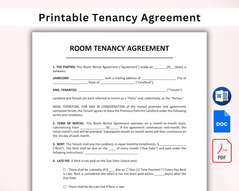 Room Tenancy Agreement Template Editable. Printable Room Rental ...