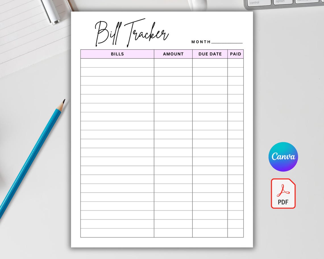 Editable Bill Tracker. Monthly Bill Log. Bill Planner. Bill Payment ...
