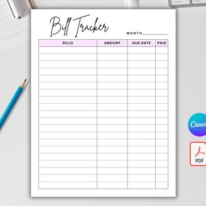 Editable Bill Tracker. Monthly Bill Log. Bill Planner. Bill Payment ...