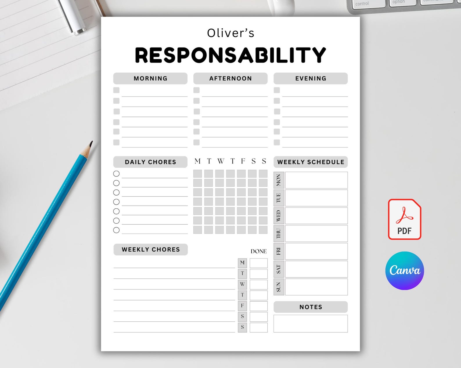 Responsibility Chart for Kids. Weekly Chore Chart Template. Printable ...