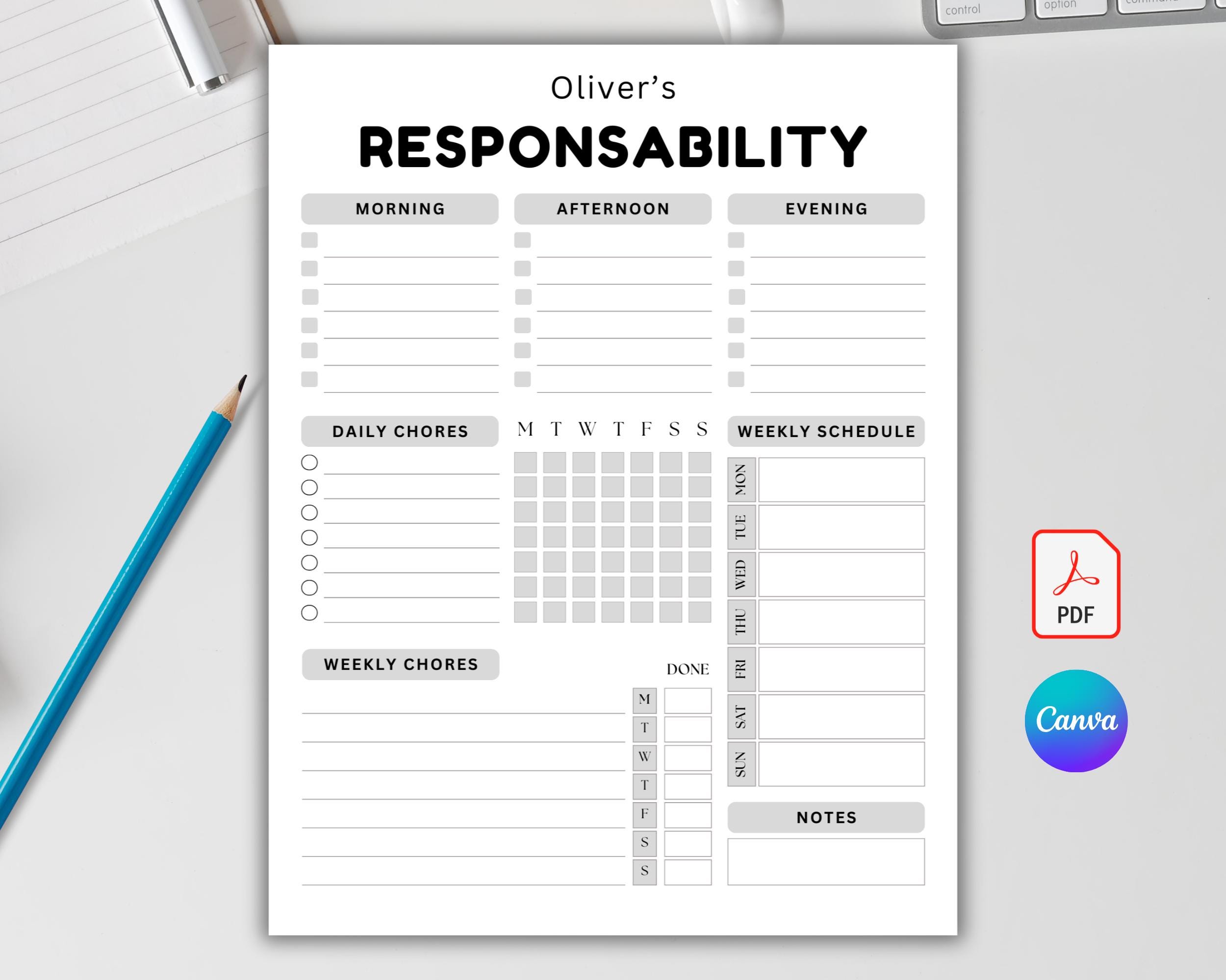 Responsibility Chart for Kids. Weekly Chore Chart Template. Printable ...