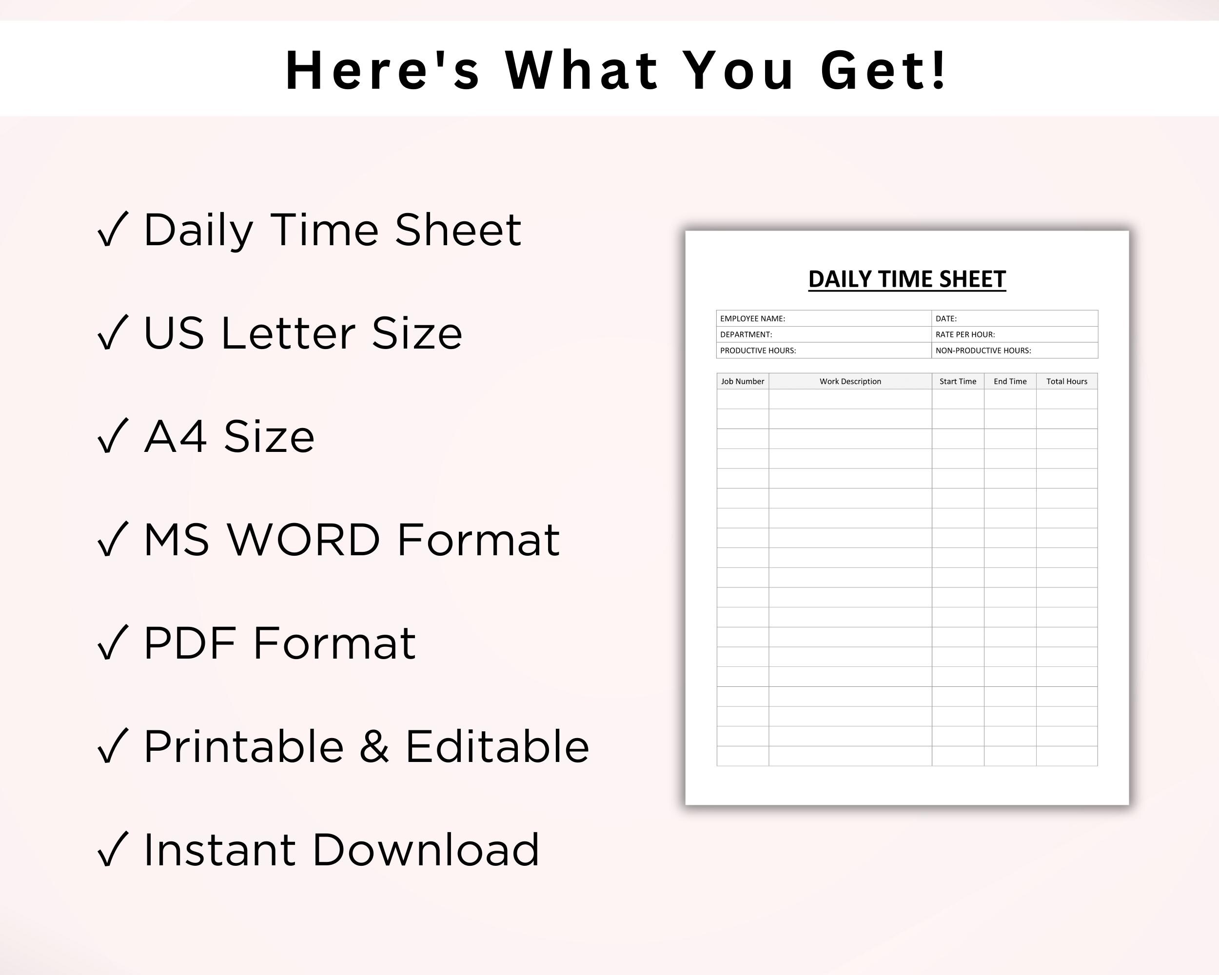 Employee Timesheet: Printable Work Hours Log (PDF Template, Instant ...