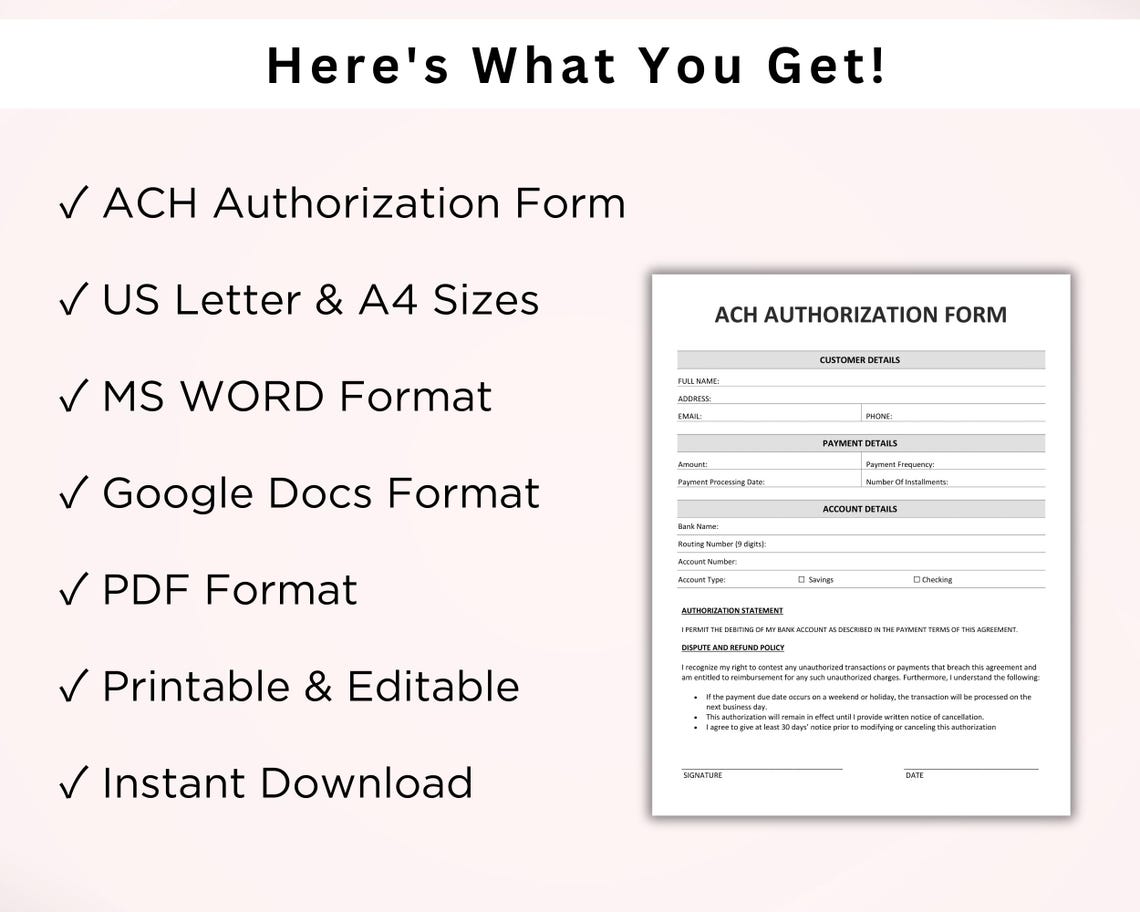 Printable ACH Authorization Form Template. Editable Debit Authorization for Payment. ACH Payment ...
