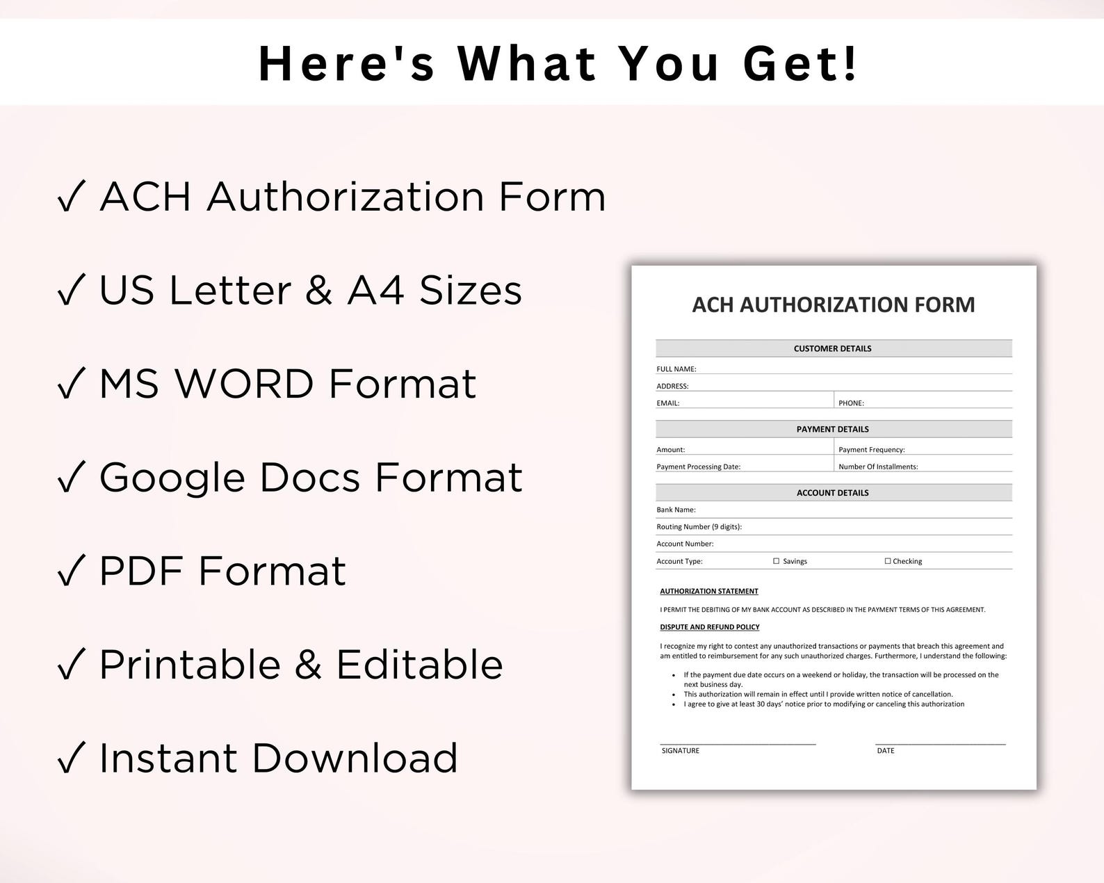 Printable ACH Authorization Form Template. Editable Debit Authorization ...