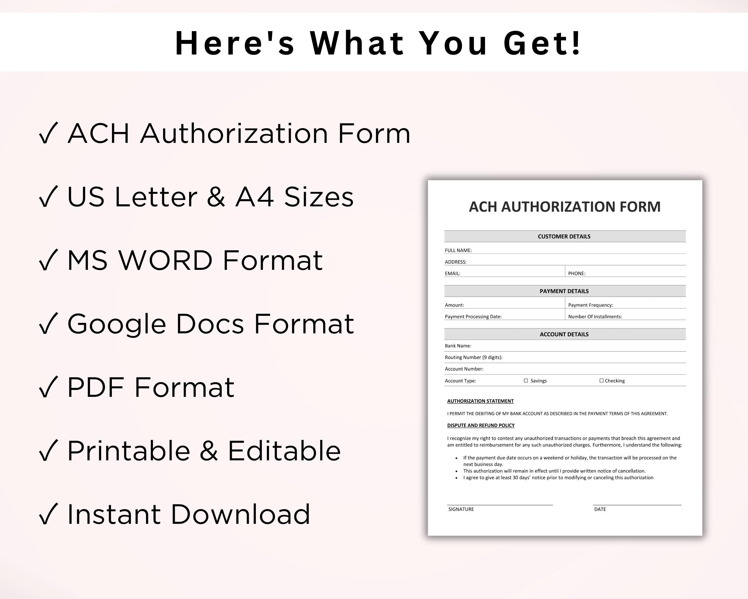 Printable ACH Authorization Form Template. Editable Debit Authorization ...