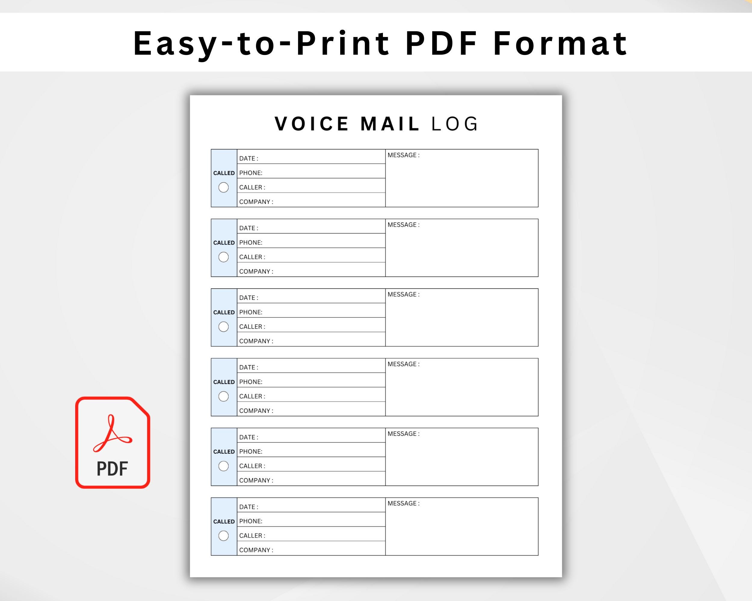Voicemail Log Template Printable PDF, Phone Call Message Log, Office ...