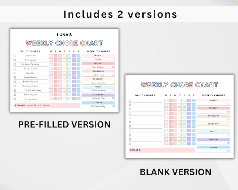 Weekly Chore Chart for Kids EDITABLE. Kid Weekly Responsibility Chart ...