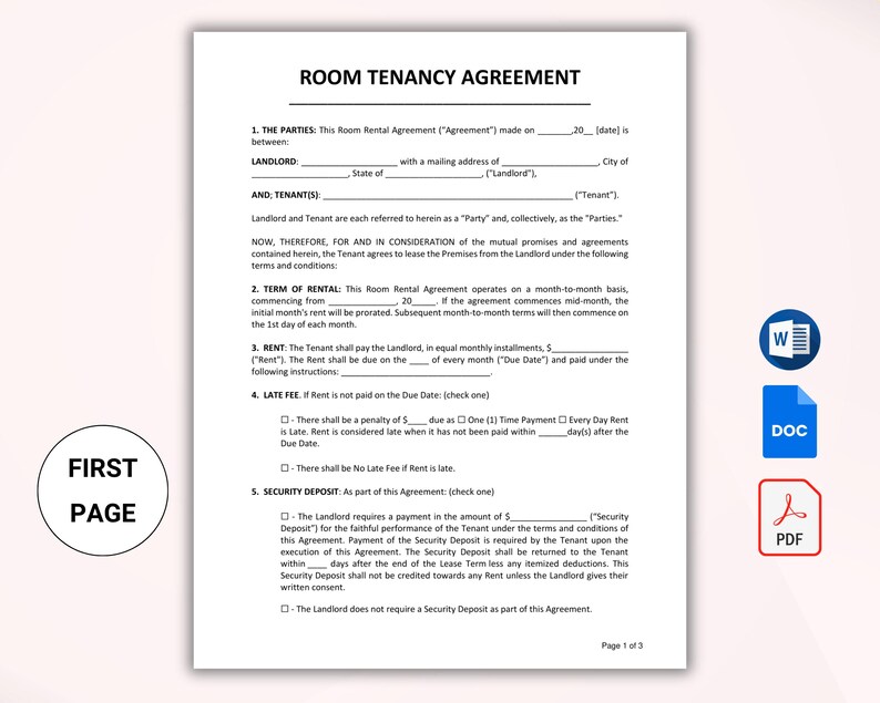 Printable Room Rental Agreement Template, Editable Room Tenancy ...
