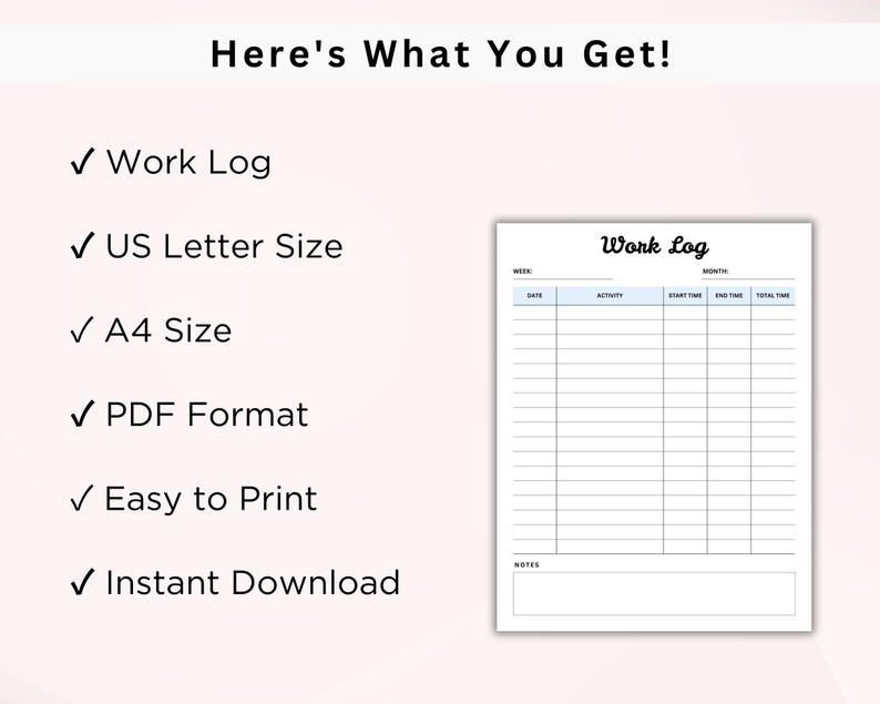 Work Log Printable, Time Log, Time Tracker, Working Hours Log, Activity ...