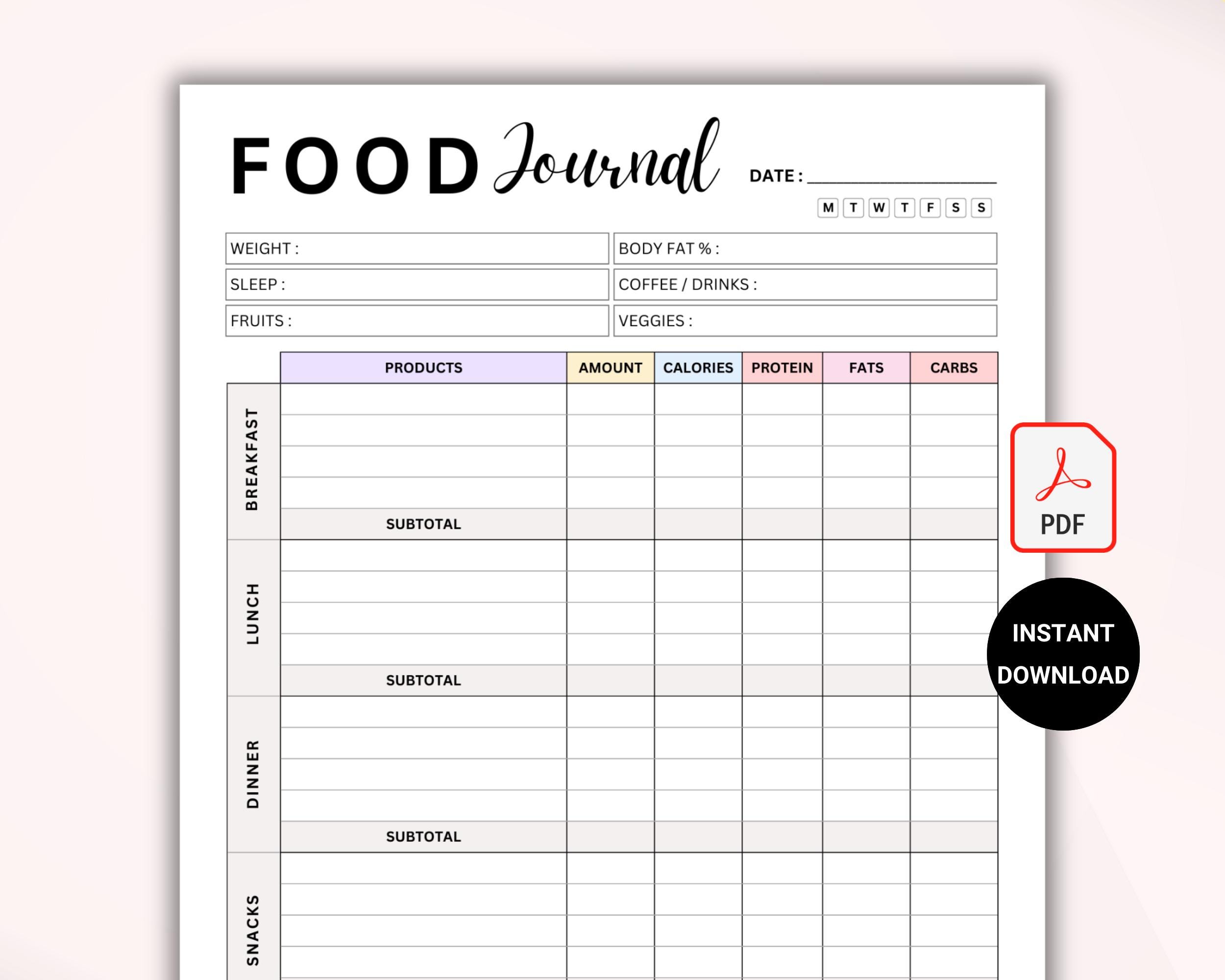 Daily Food Diary. Food Journal. Daily Calorie Tracker. Calorie Counting ...
