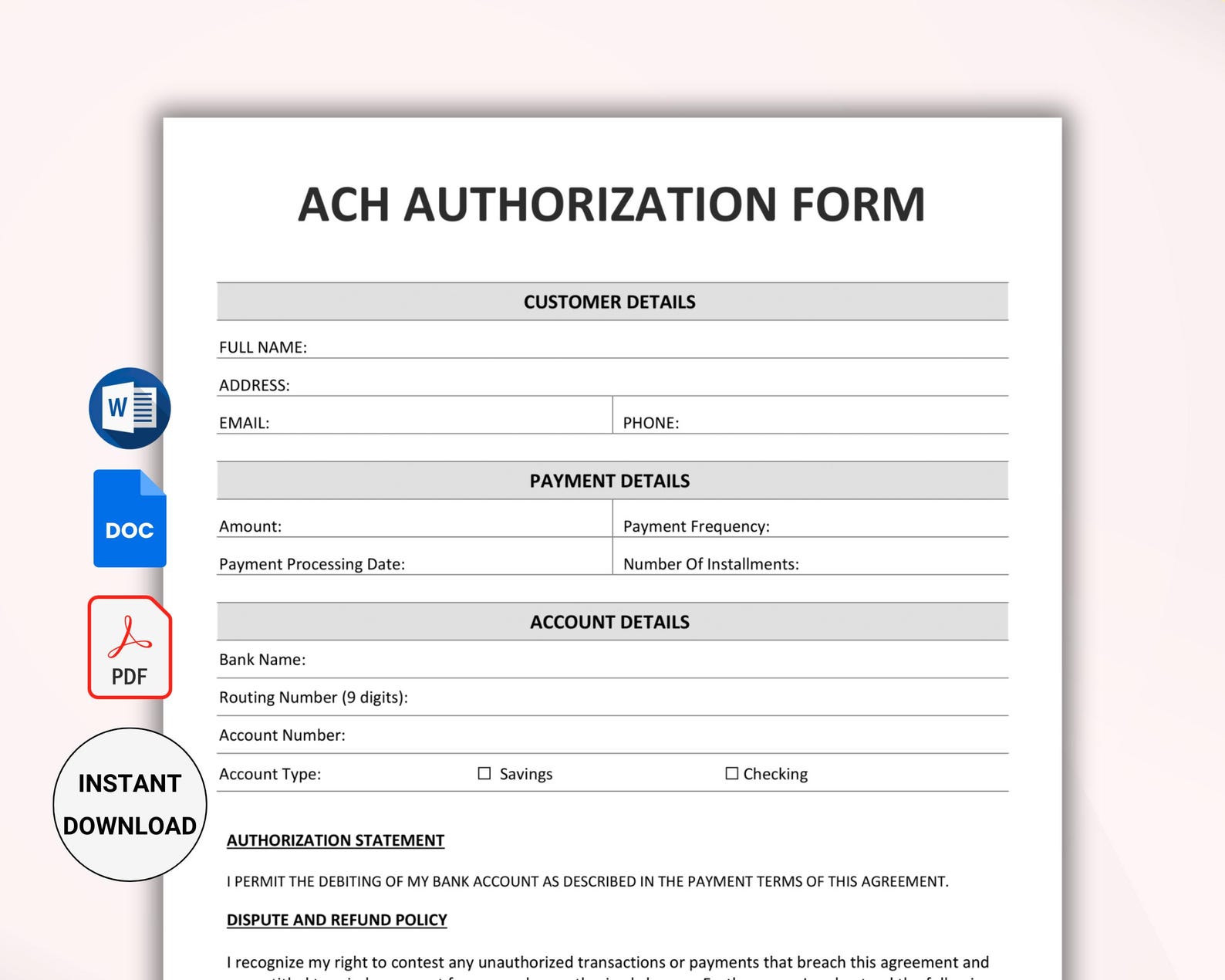 Printable ACH Authorization Form Template. Editable Debit Authorization ...