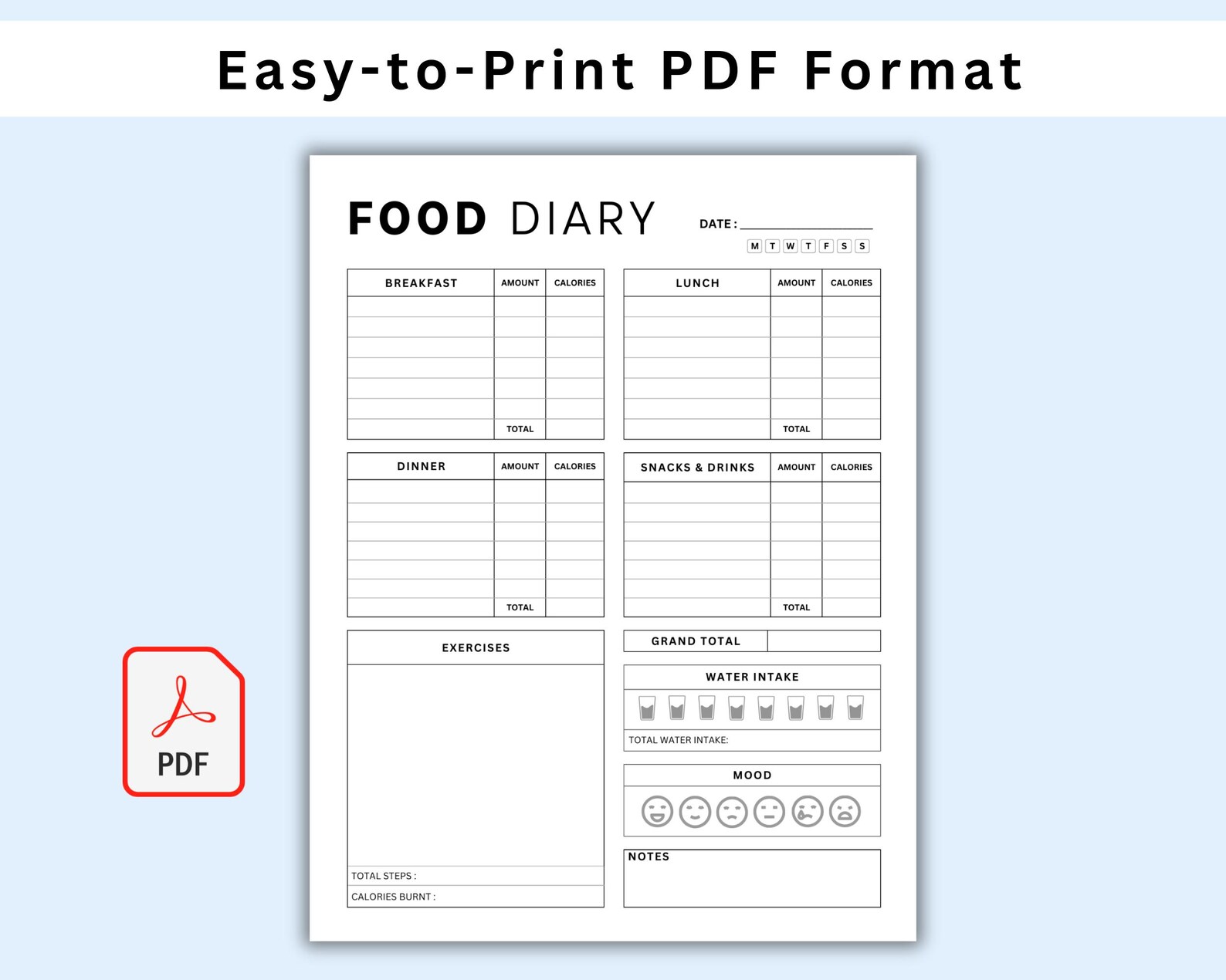 Printable Daily Food Journal | Calorie Tracker & Meal Planner | Fitness ...