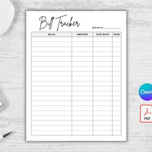 Editable Bill Tracker. Monthly Bill Log. Bill Planner. Bill Payment ...