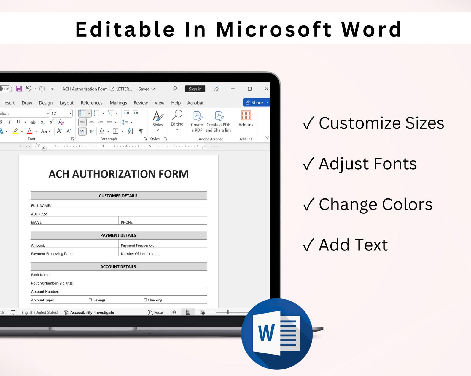 Printable ACH Authorization Form Template. Editable Debit Authorization ...