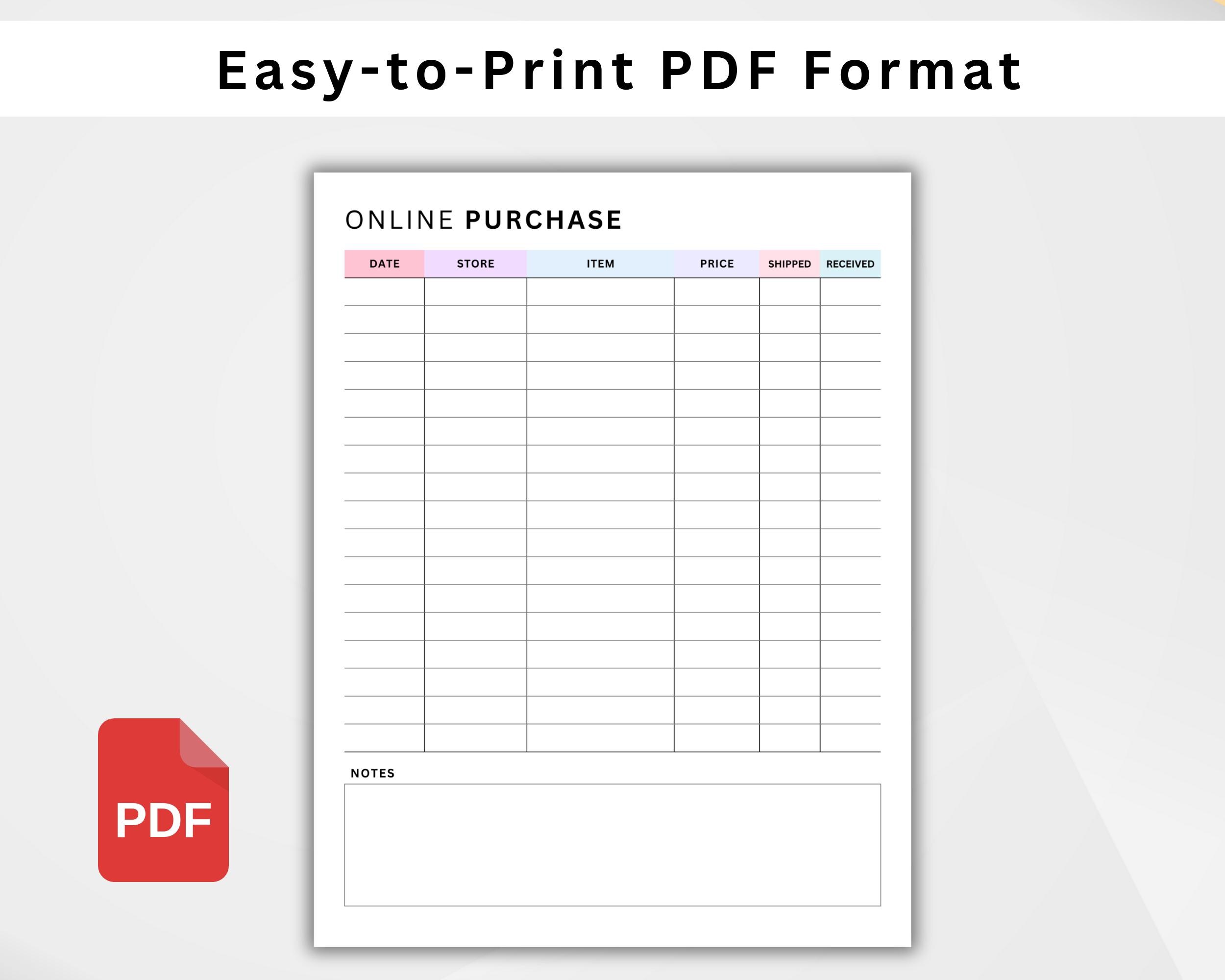 Online Purchases Tracker Printable. Online Shopping Tracker. Order Tracker Template. Shopping ...
