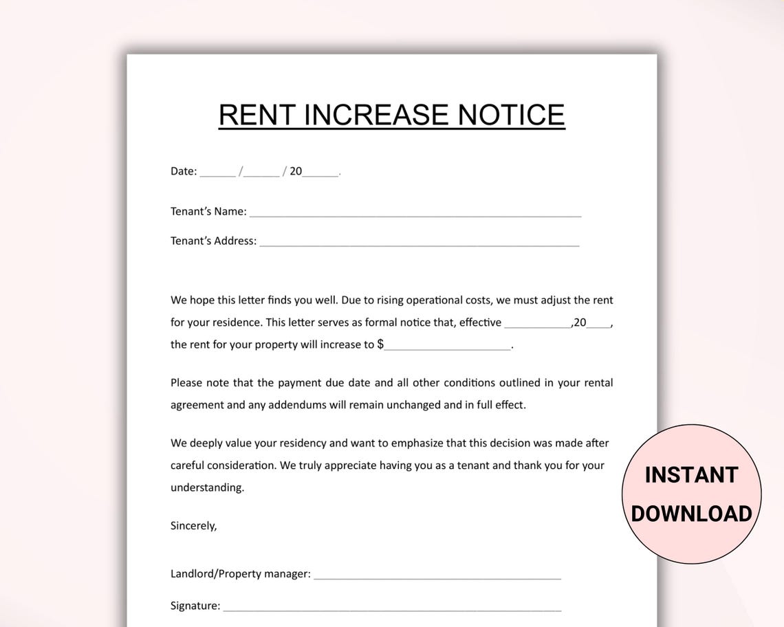 Printable Rental Increase Notice. Rental Increase Form. Rental Increase ...