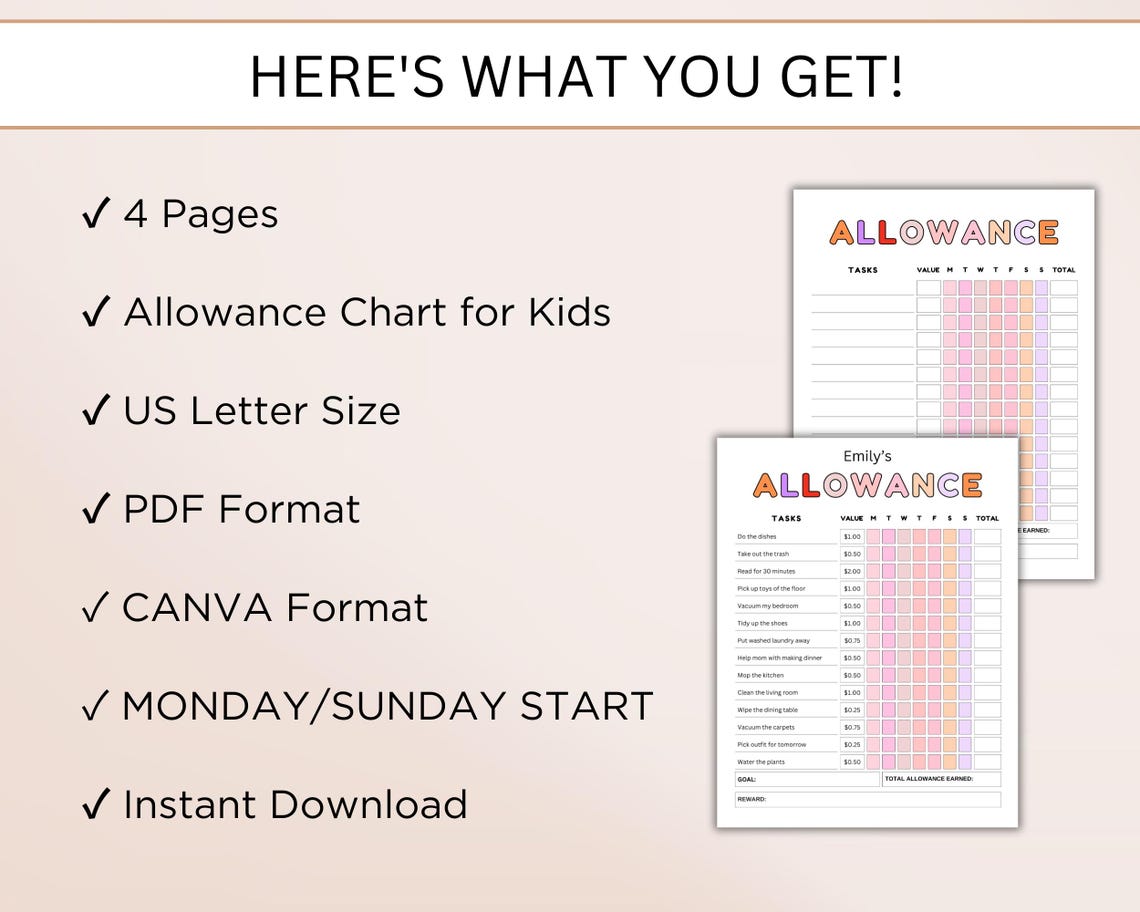 Allowance Chart for Kids. Allowance Chore Chart. Printable Allowance ...